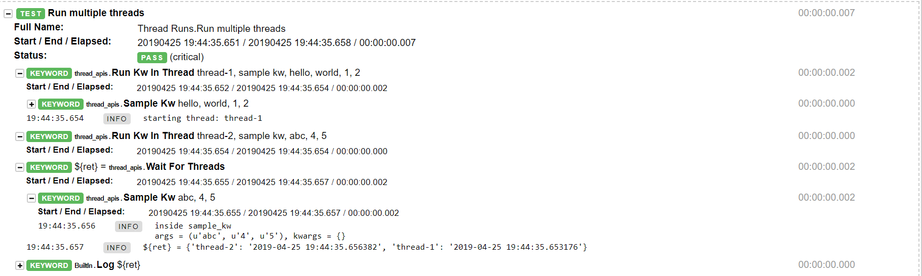 When keywords are run in threads, the order of keywords in the log is ...