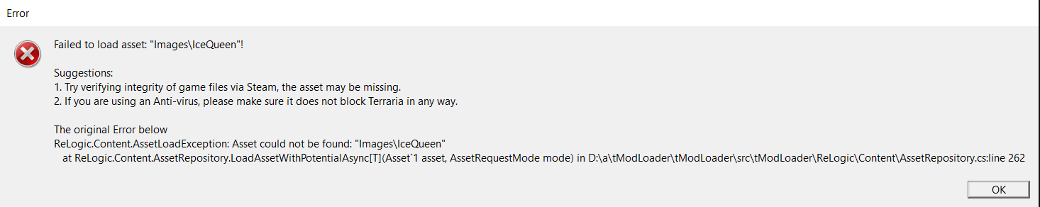 Failed to load asset Images/IceQueen · Issue #3561 · tModLoader/tModLoader · GitHub