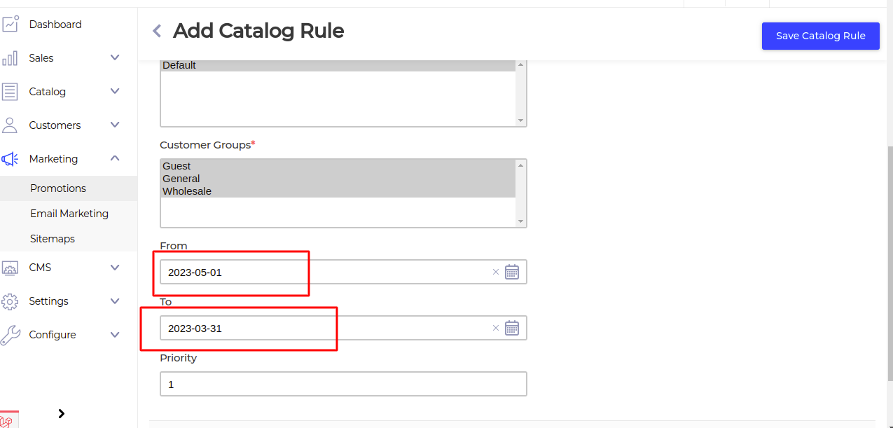 There Should Be A Warning Message If The Admin Is Adding Invalid Date Range For Catalog Rule 