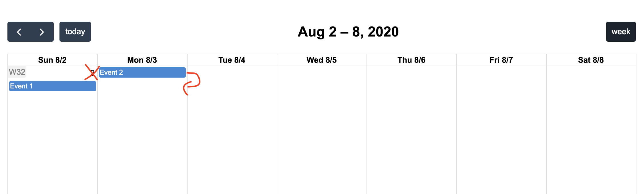 Alignment of events in dayGridWeek when weekNumbers:true · Issue #5708 · fullcalendar ...