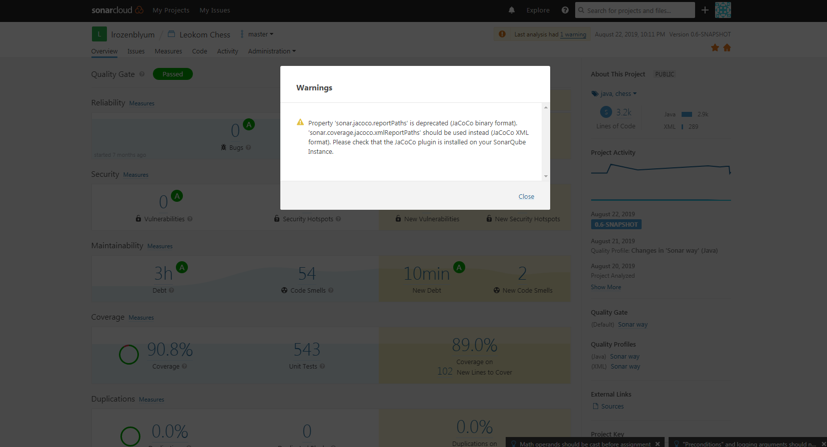 SonarCloud warning (pull request) - jacoco · Issue #331 · lrozenblyum/chess · GitHub