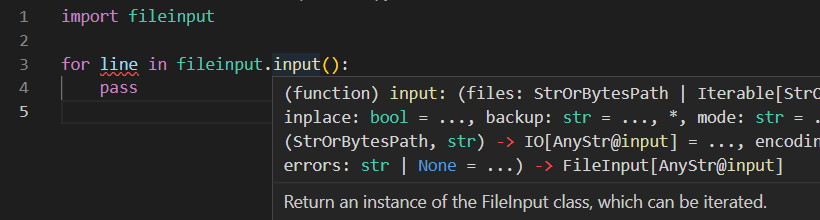 Can't infer type of `fileinput.input()` iterator · Issue #3494 · microsoft/pyright · GitHub