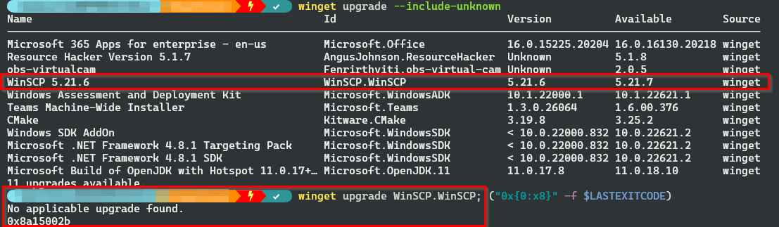 `winget upgrade` lists an available update for WinSCP, but `winget upgrade WinSCP.WinSCP` says ...