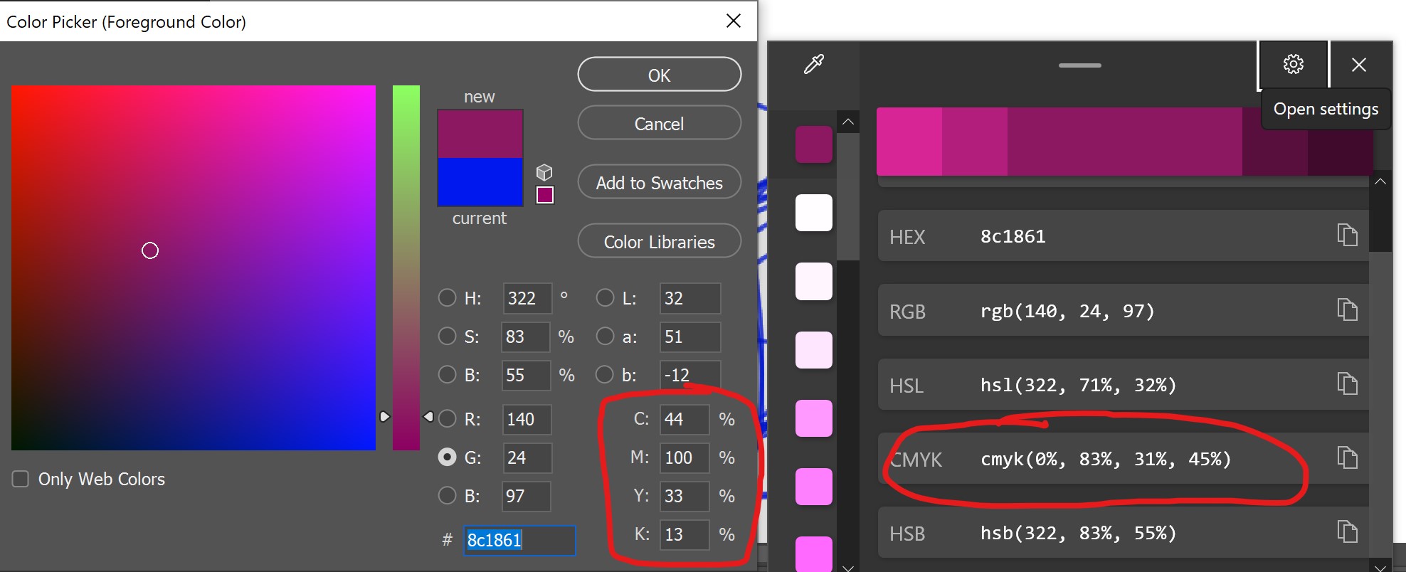 Photoshop's color picker on CMYK format seems outputing different values compare to PowerToys ...