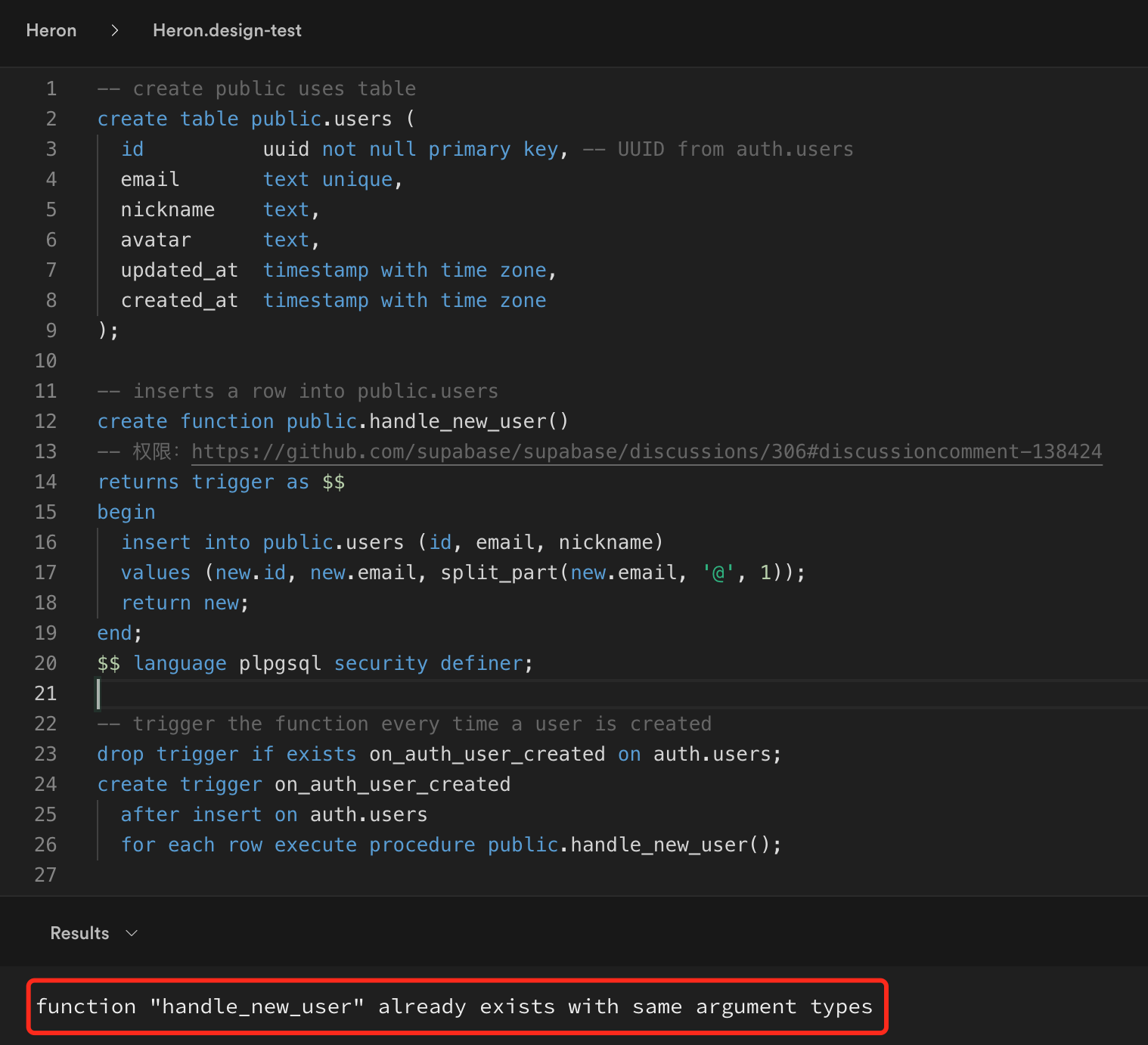 Run a query then got "function "handle_new_user" already exists with same argument types ...