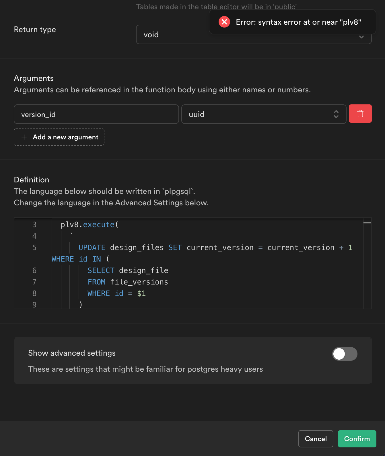 Got syntax error when creating an function · Issue #2955 · supabase/supabase · GitHub