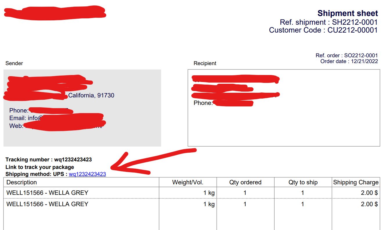Tracking number link overflow on shipping PDF espadon when combiend with complimentary attribute ...