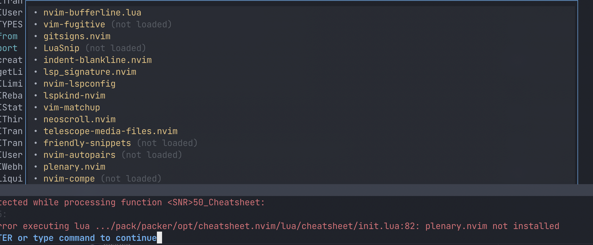 Cheatsheet doesn't open; Err: plenary.nvim not installed · Issue #307 · NvChad/NvChad · GitHub