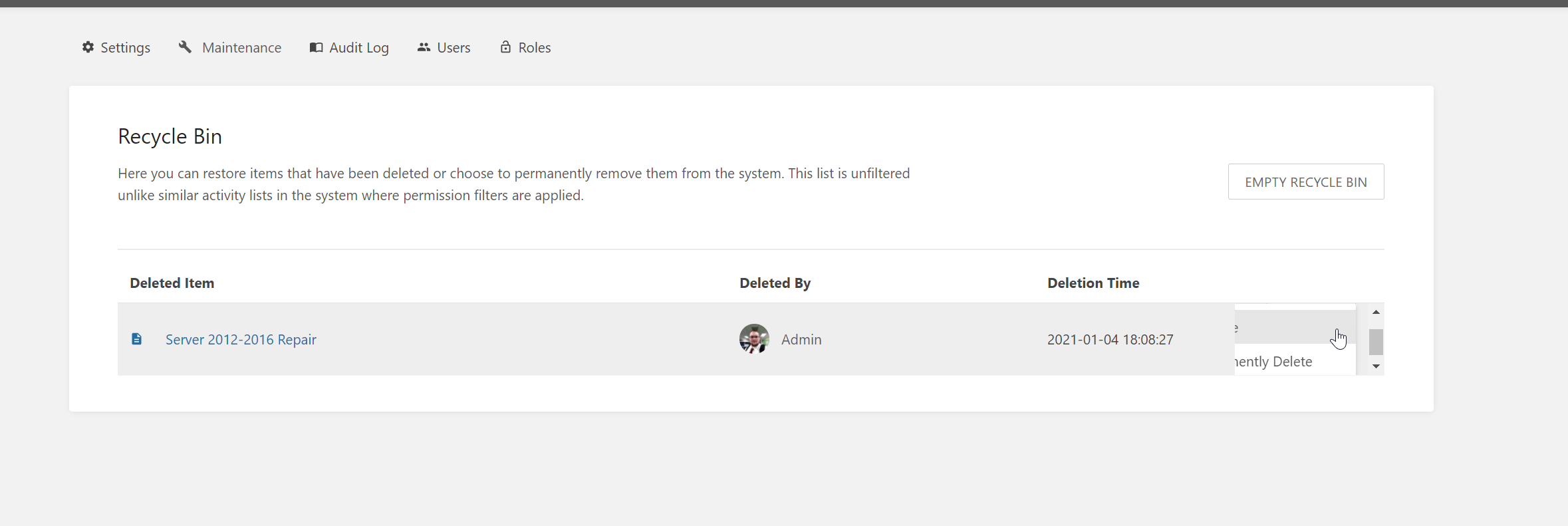 The actions button options in the recycle bin in the Chinese environment are not displayed ...