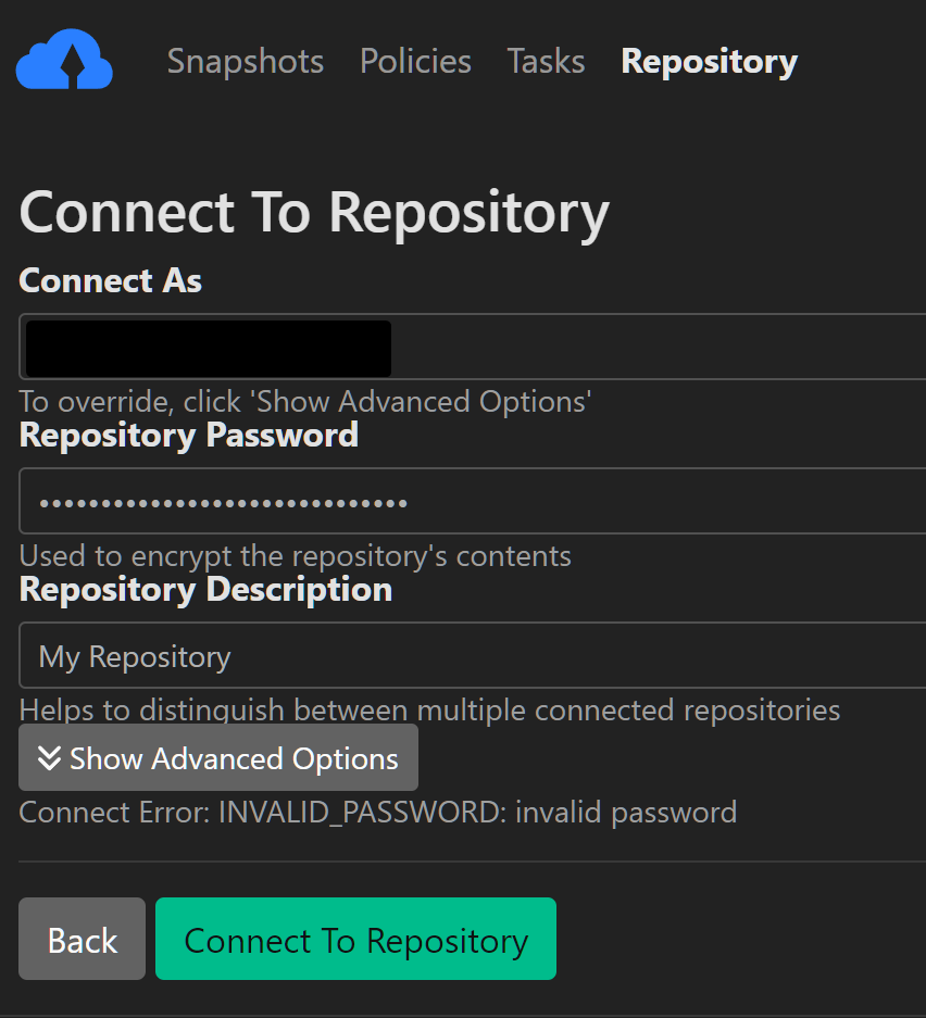 Invalid password · Issue #2849 · kopia/kopia · GitHub