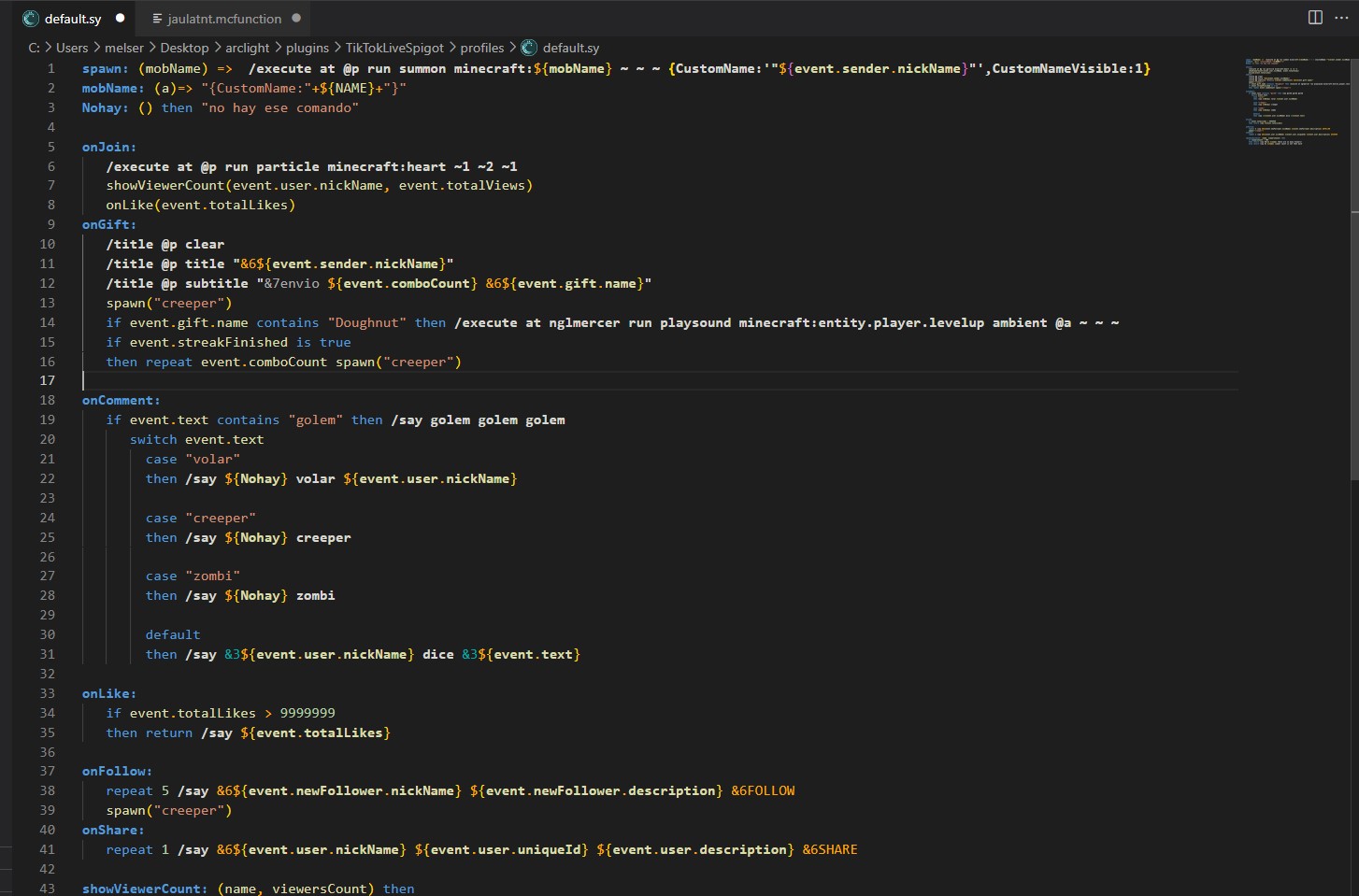 Need more examples for default.sy · Issue #1 · jwdeveloper/TikTokLiveSpigot · GitHub