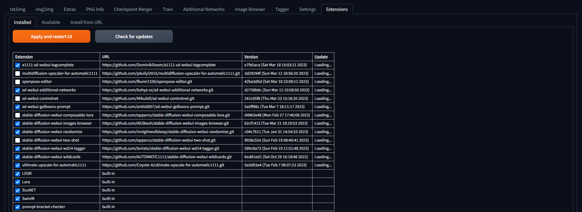 [Bug]: "Setting" tab shows loading symbol · Issue #8891 · AUTOMATIC1111/stable-diffusion-webui ...