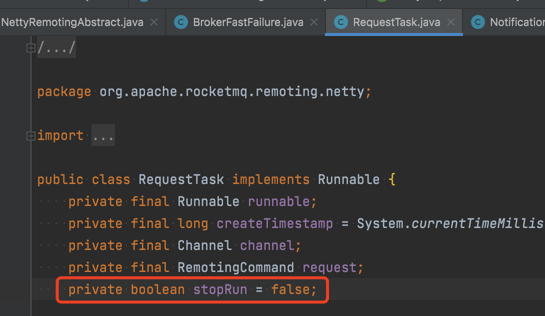 RequestTask's stopRun field concurrency issues · Issue #4630 · apache/rocketmq · GitHub