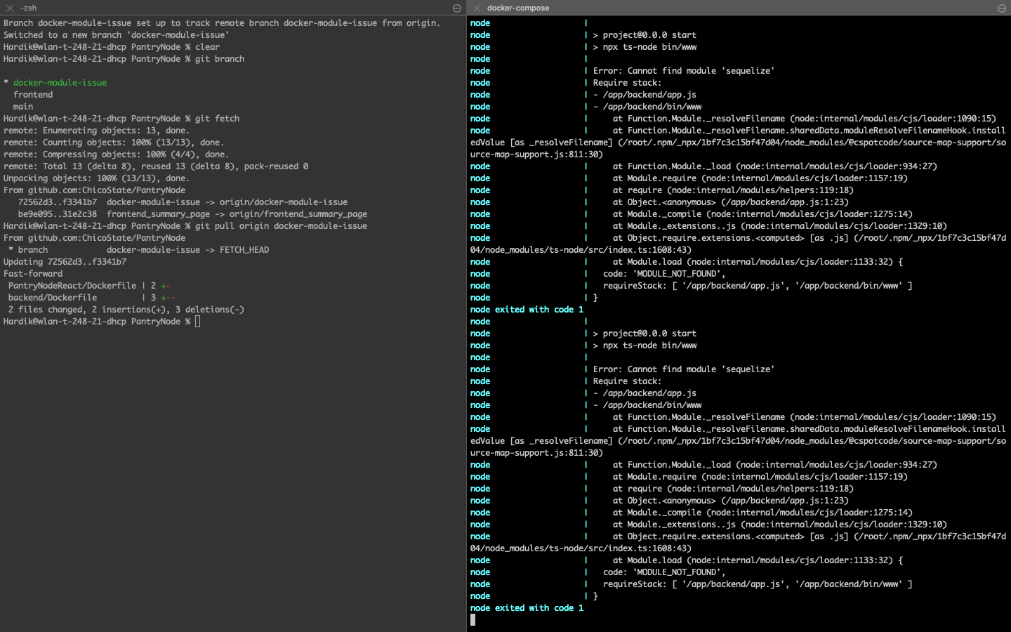 Docker compose issues, accessing newly added packages. · Issue #139 · ChicoState/PantryNode · GitHub