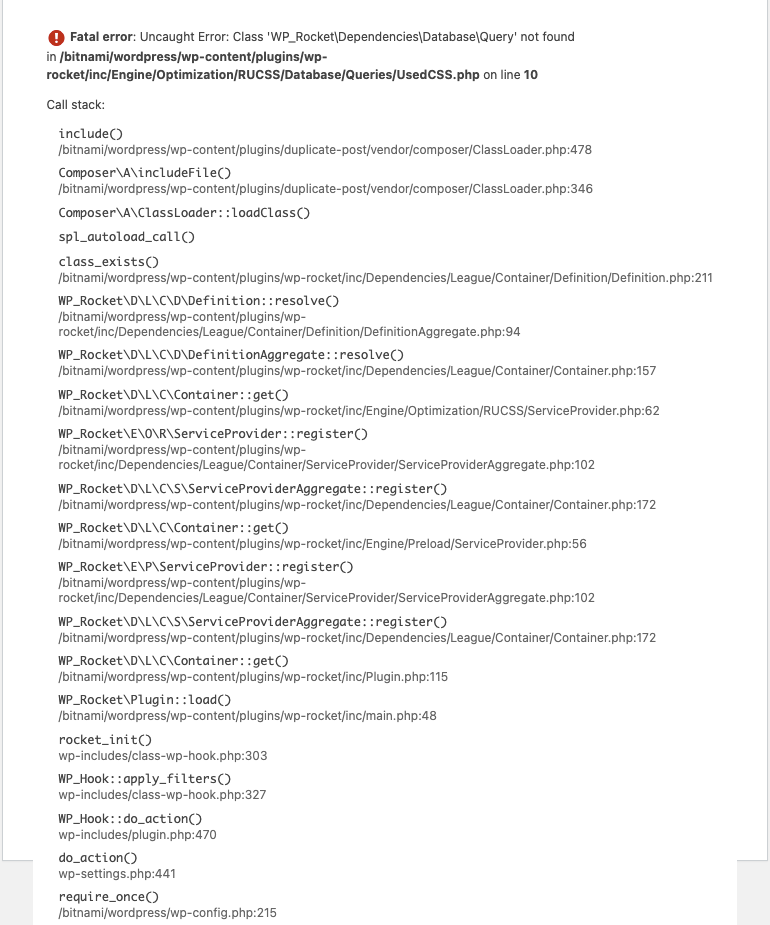 Uncaught Error: Class 'WP_Rocket\Dependencies\Database\Query' not found in /bitnami/wordpress/wp ...