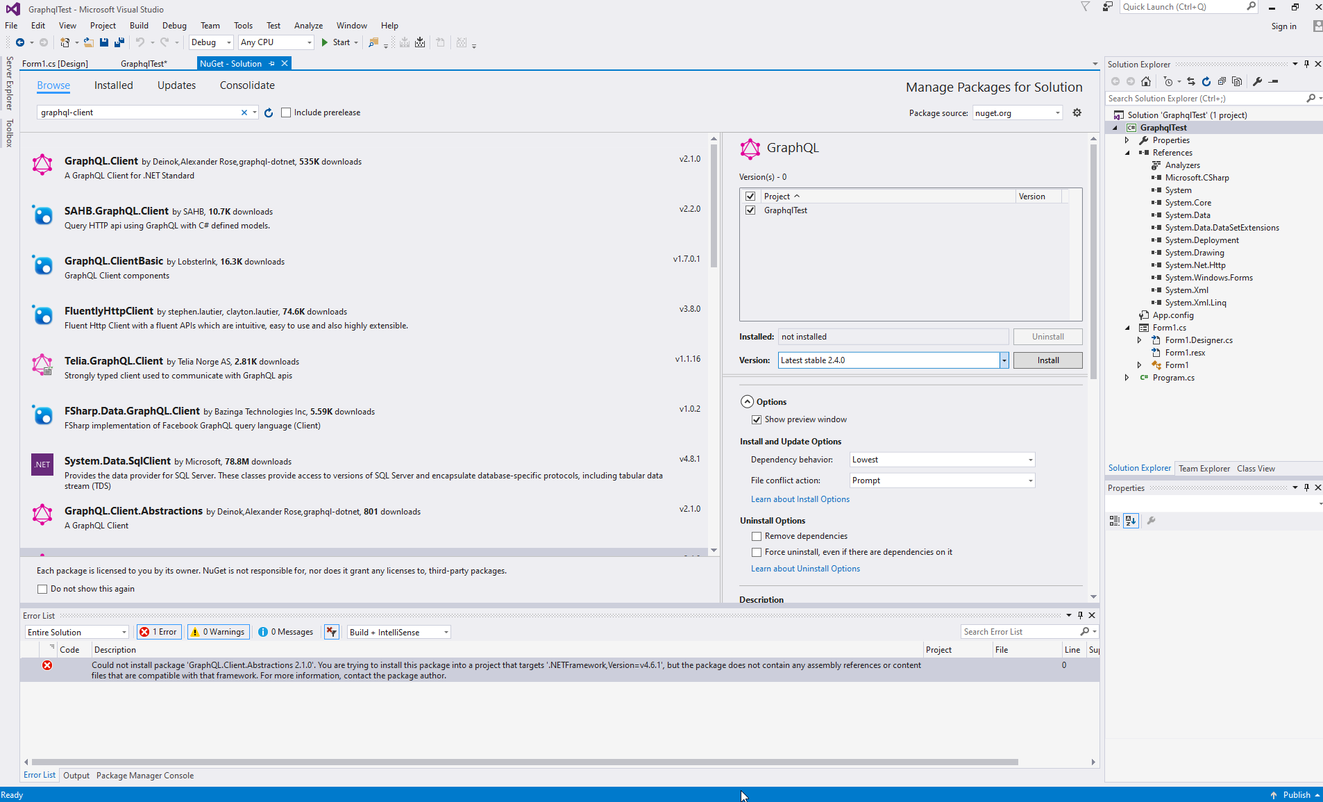 Unable to install package into VS2015 using NuGet · Issue #176 · graphql-dotnet/graphql-client ...