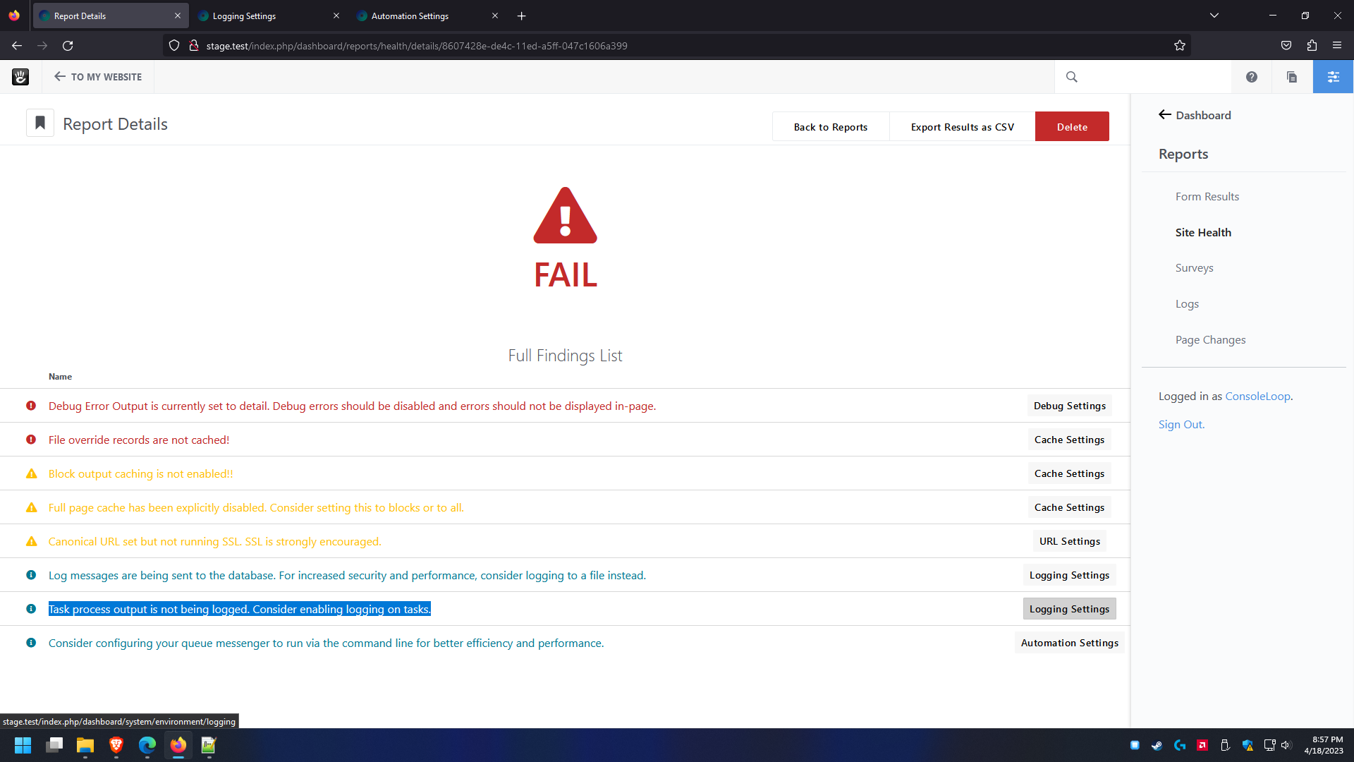 Health Check - "Consider enabling logging on tasks." incorrect link · Issue #11388 · concretecms ...