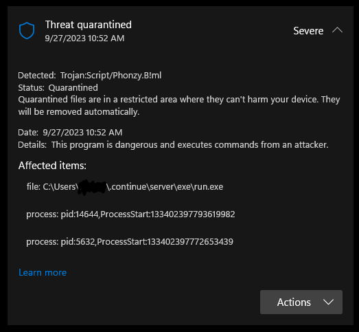 Windows Defender False Positive · Issue 514 · Continuedev Continue · Github