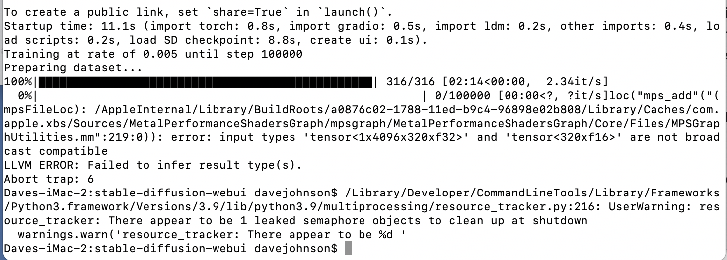 Error training Stable-Diffusion on Mac M1: "input types are not broadcast compatible ...