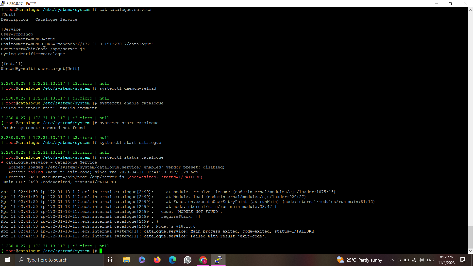 Roboshop : Catalogue component : Invalid Argument while trying to enable the catalogue service ...