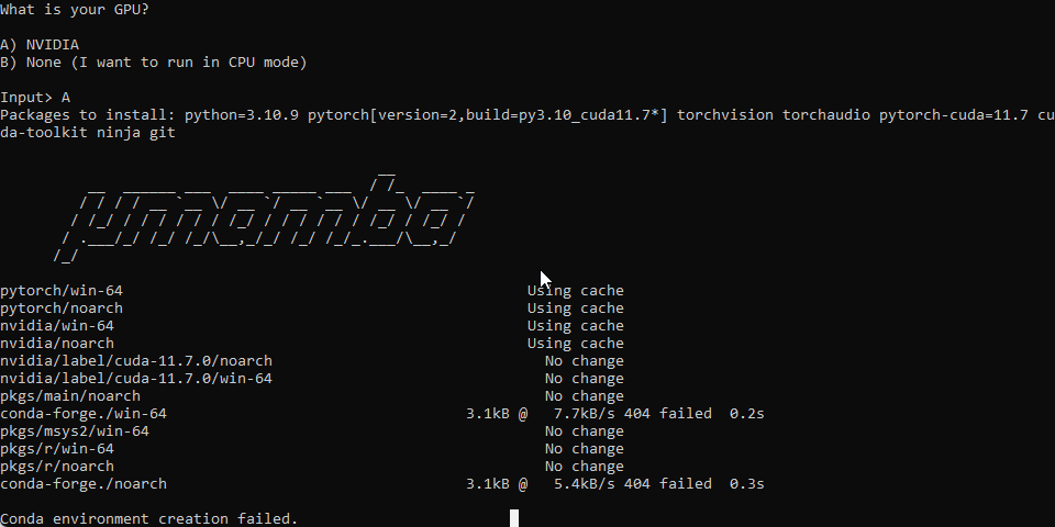 Can't install using install.bat . conda-forge./noarch 404 failed Conda ...
