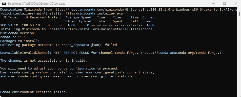 Can't install using install.bat . conda-forge./noarch 404 failed Conda environment creation ...