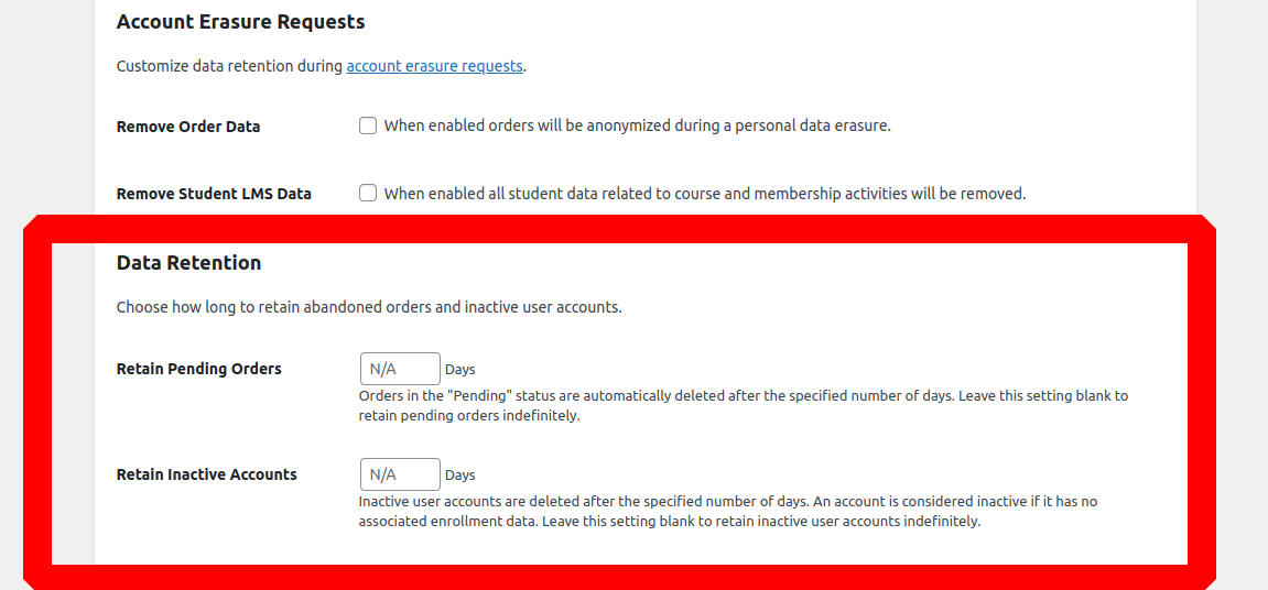 [7 X] Add New Data Retention Settings For Orders And User Accounts · Issue 2191 · Gocodebox