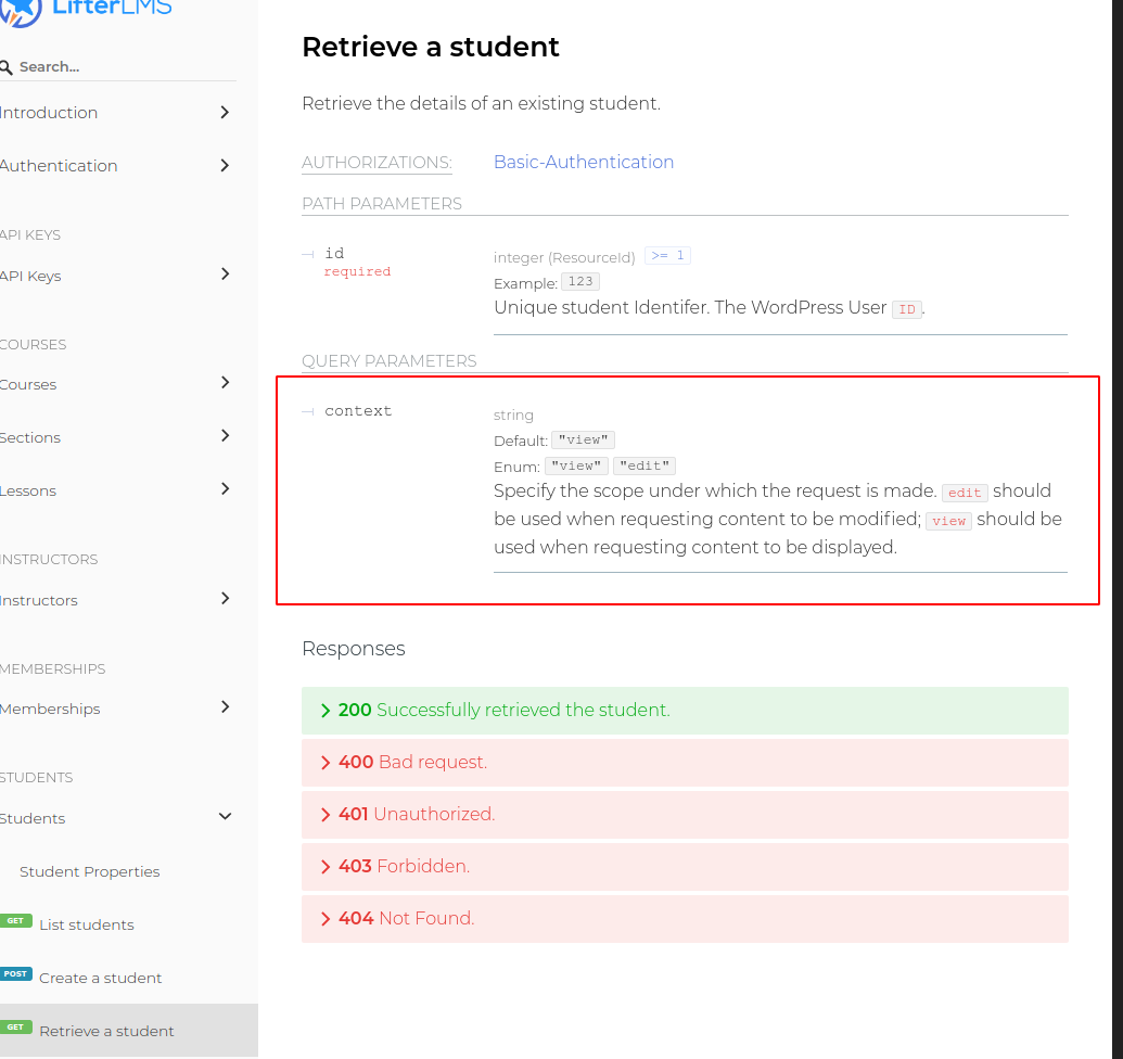 Spec: Update Students resource's documentation adding the `context` to the properties. · Issue ...