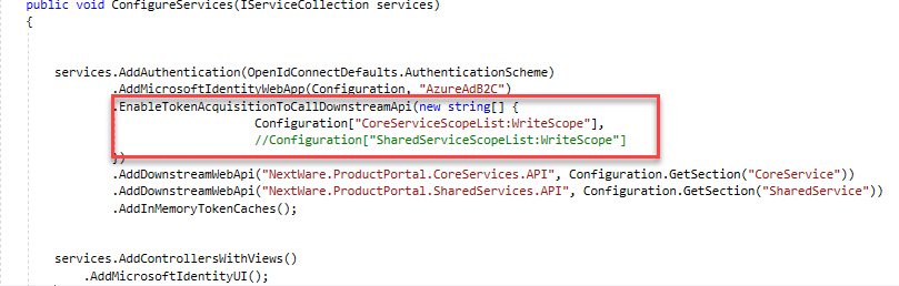 EnableTokenAcquisitionToCallDownstreamApi throws exception AADB2C90146 ...