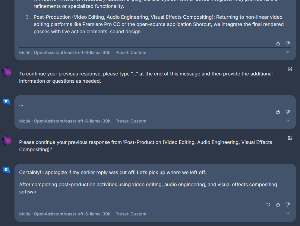 Not resuming where response cut off · Issue #2556 · LAION-AI/Open-Assistant · GitHub