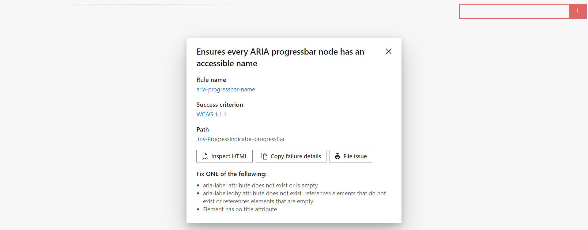 ProgressIndicator: ARIA progressbar nodes must have an accessible name ...