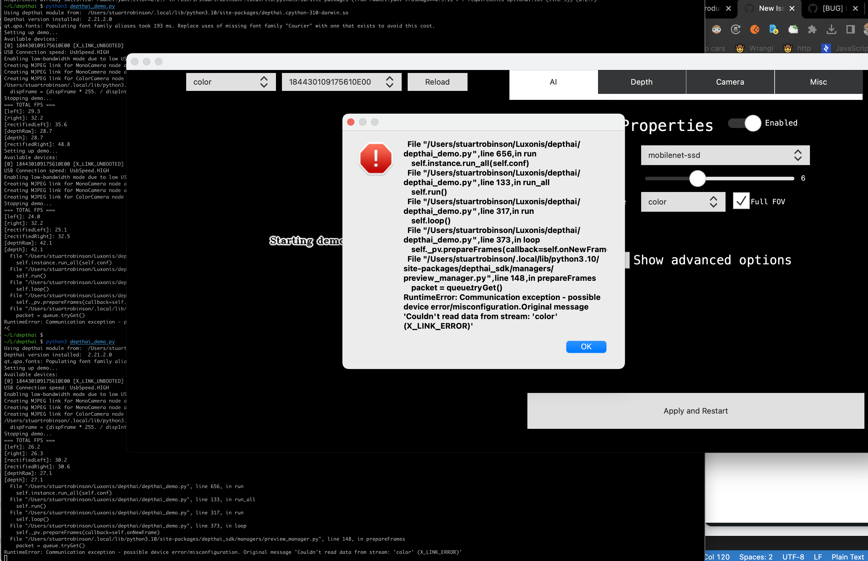 [BUG] macos `Couldn't read data from stream: 'color'` · Issue #1085 · luxonis/depthai · GitHub