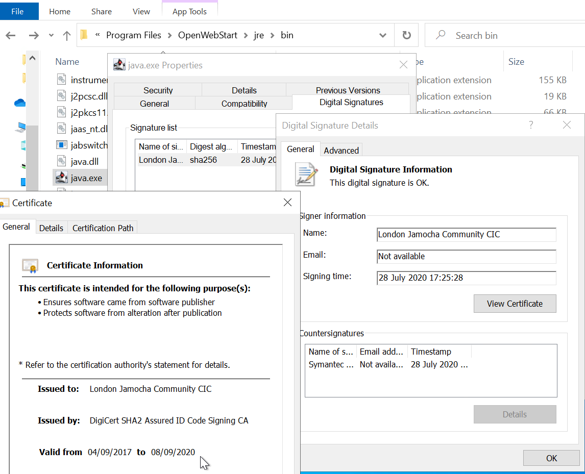 certificate of java.exe and javaw.exe in C:\Program Files\OpenWebStart ...
