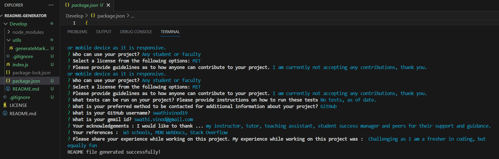 Github Swathivinod19readme Generator A Professional Readme Generator That Generates