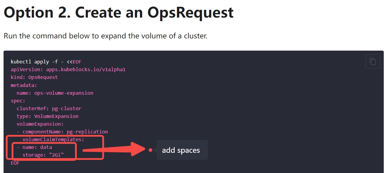 [BUG]YAML file of the cluster for expanding volum is not correct · Issue #2415 · apecloud ...