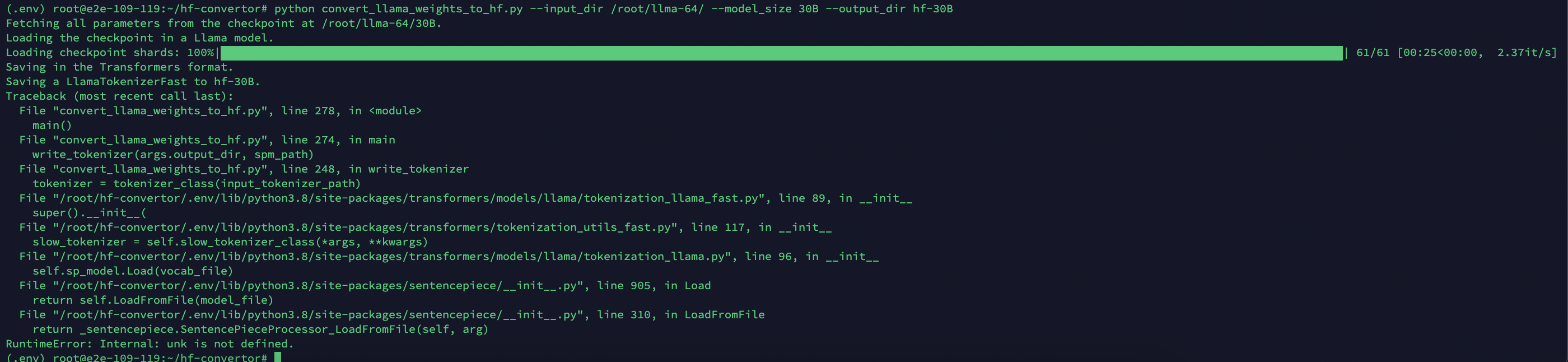 While weight conversion of llama-13b getting this error: RuntimeError: Internal: unk is not ...