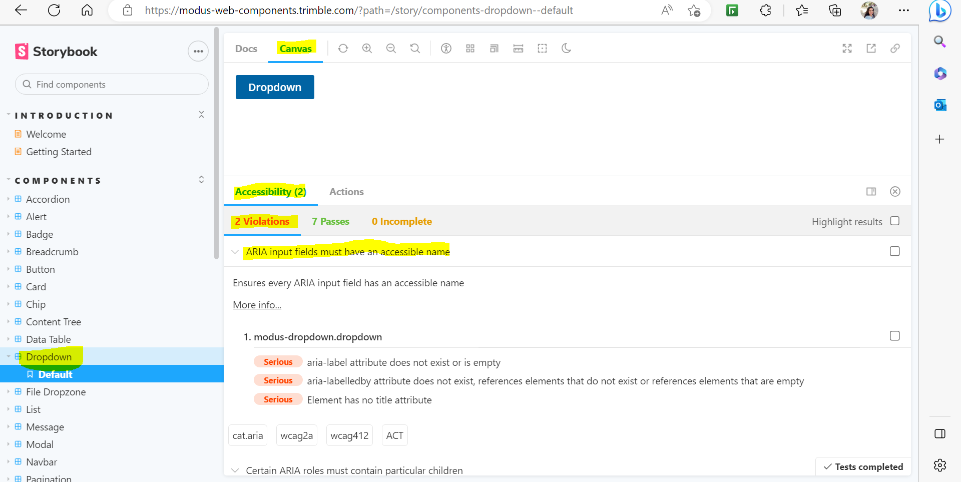 [BUG] Dropdown - Canvas section - Under accessibility sections, 2 violations is displayed ...