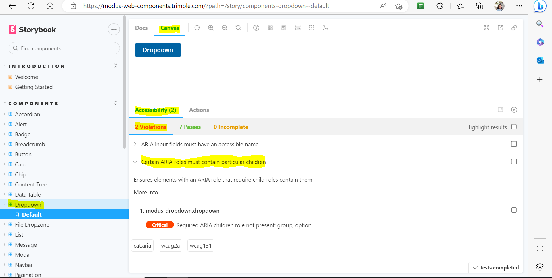 Bug Dropdown Canvas Section Under Accessibility Sections 2 Violations Is Displayed 