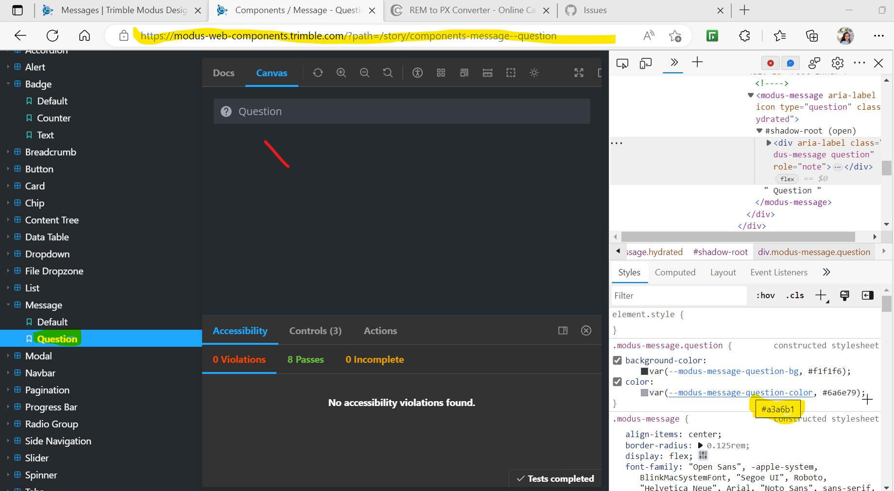 Messages Web component - Color code is not as per the style guide for question element in Dark ...