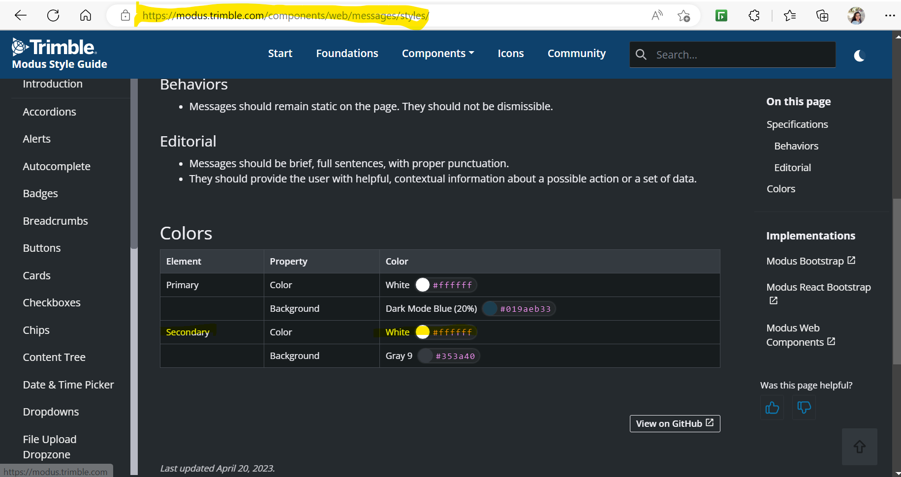 Messages Web component - Color code is not as per the style guide for question element in Dark ...