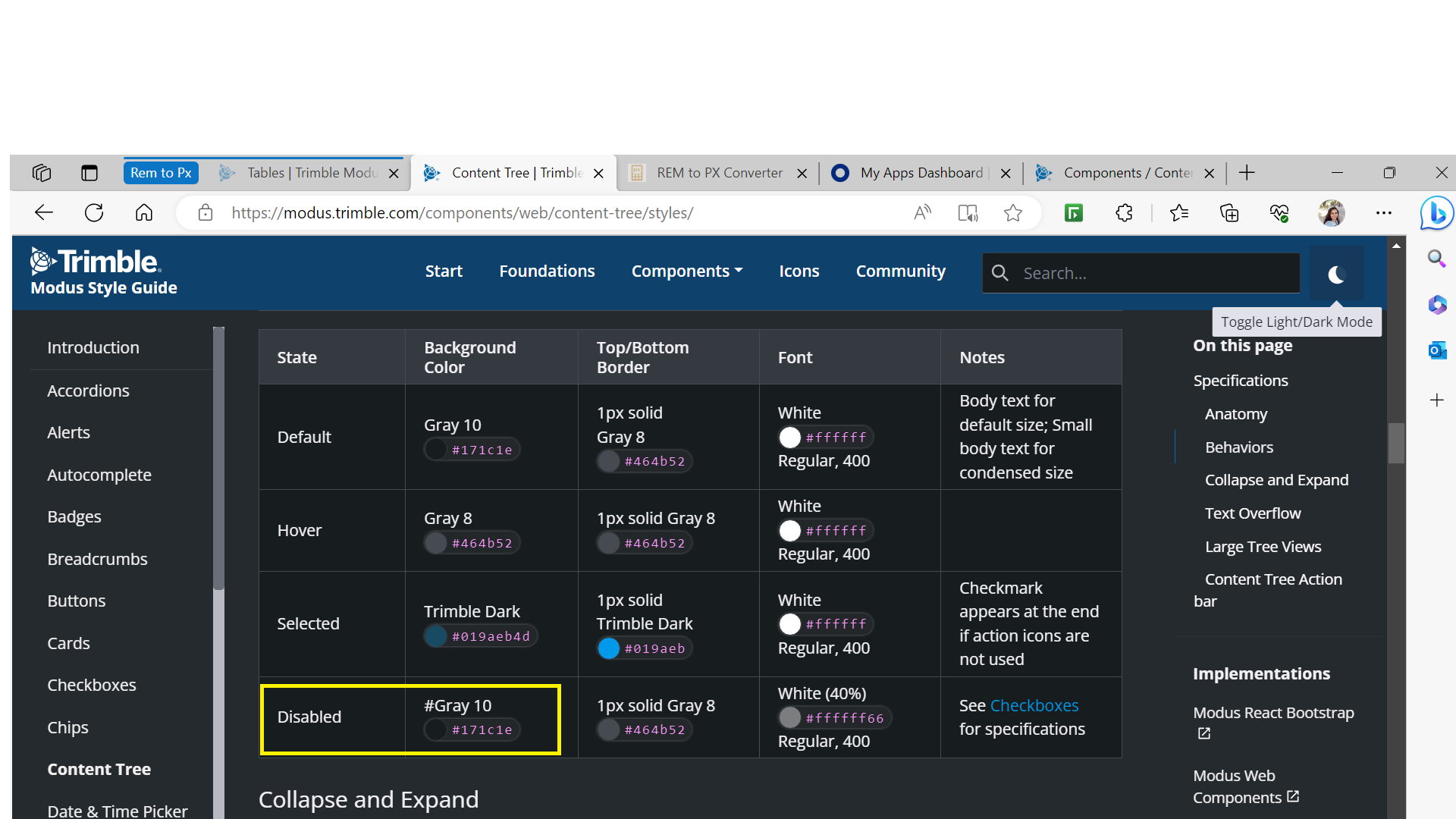 Content Tree Dark Theme Disabled Element Background Color Of The Disabled Element Is Not