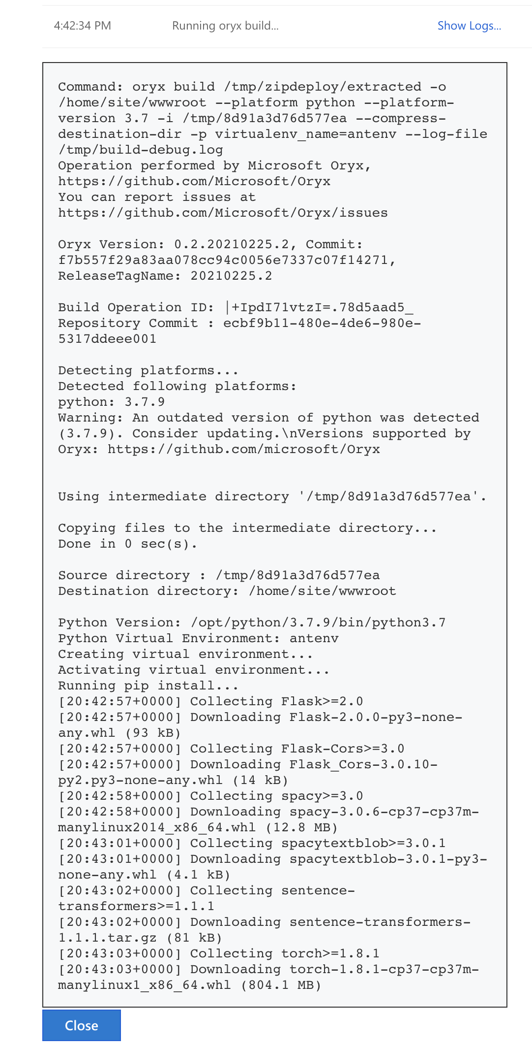 Onyx Fails to deploy at `[20:43:03+0000] Downloading torch-1.8.1-cp37 ...