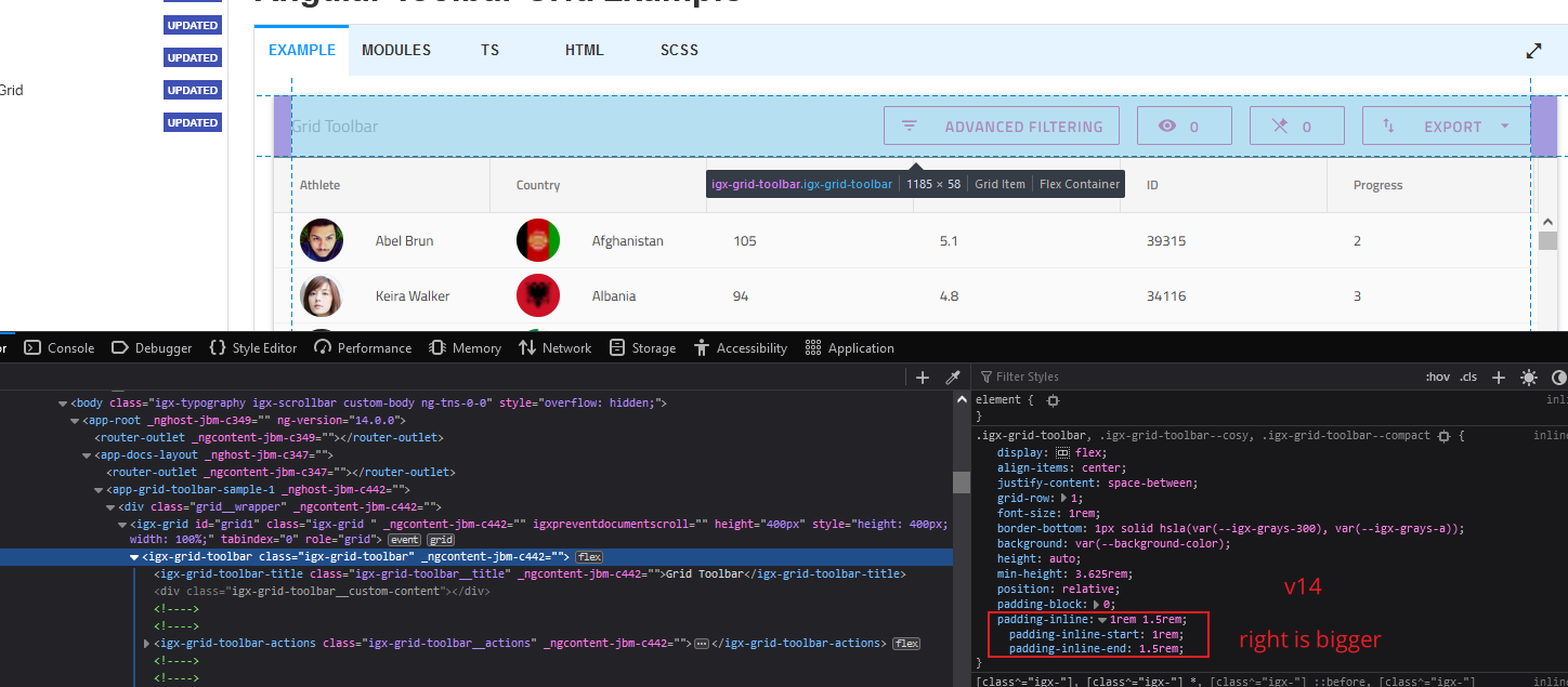 Grid Toolbar: Padding styling regressions · Issue #11802 · IgniteUI/igniteui-angular · GitHub