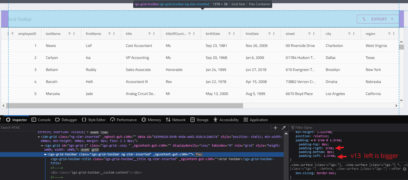 Grid Toolbar: Padding styling regressions · Issue #11802 · IgniteUI/igniteui-angular · GitHub