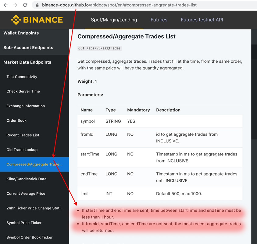 Binance aggTrades endpoint not accepting startTime timestamp · Issue ...