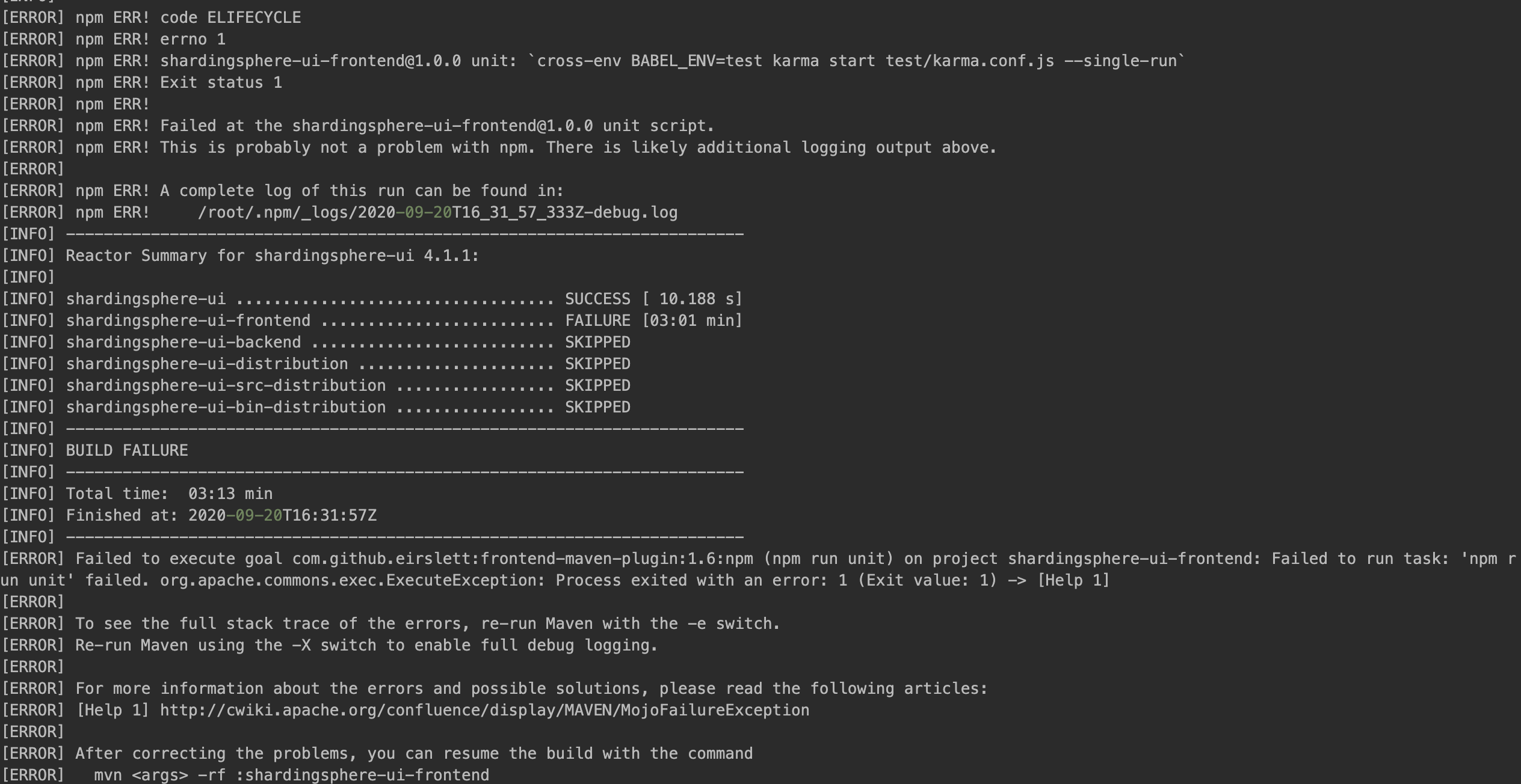 mvn clean package sharding-ui by Dockerfile failed: Failed to execute goal com.github.eirslett ...