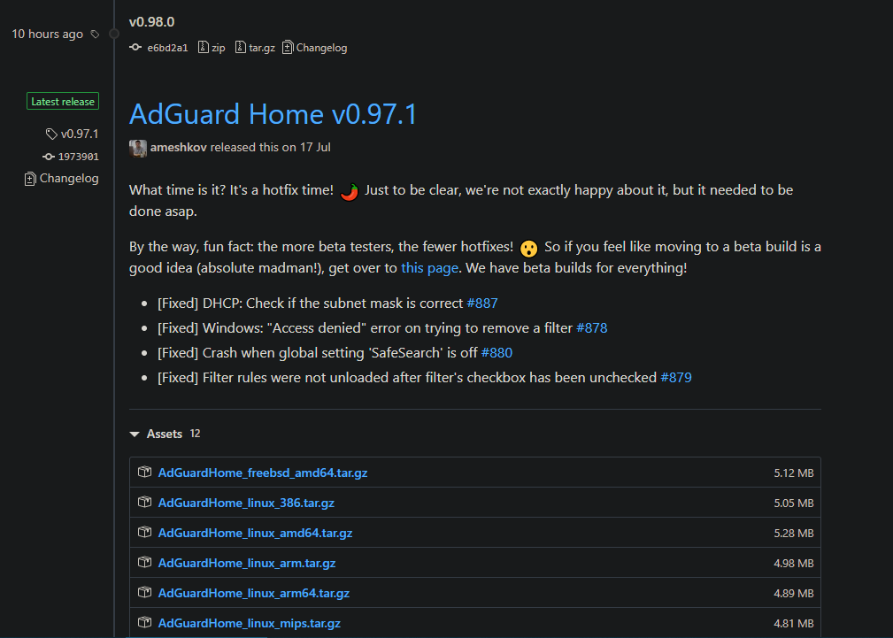 AGH release v0.98.0 binaries · Issue #949 · AdguardTeam/AdGuardHome · GitHub