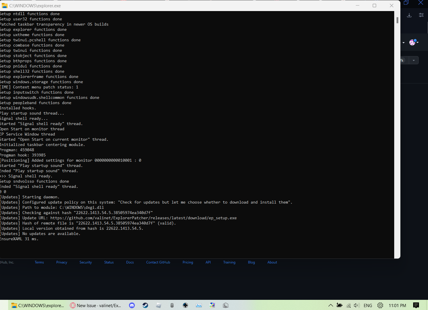 The console/code opens up on startup and is impossible to close without closing ExplorerPatcher ...