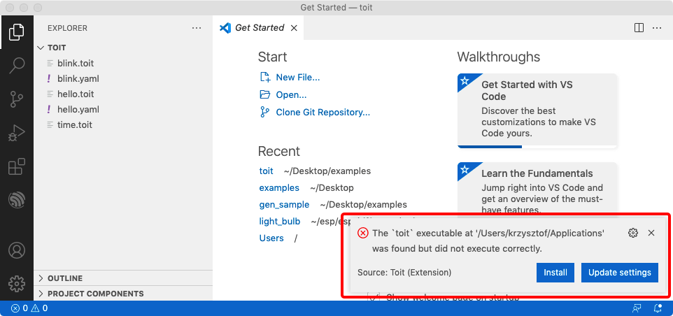 The `toit` executable at '/Users/UserName/Applications' was found but did not execute correctly ...