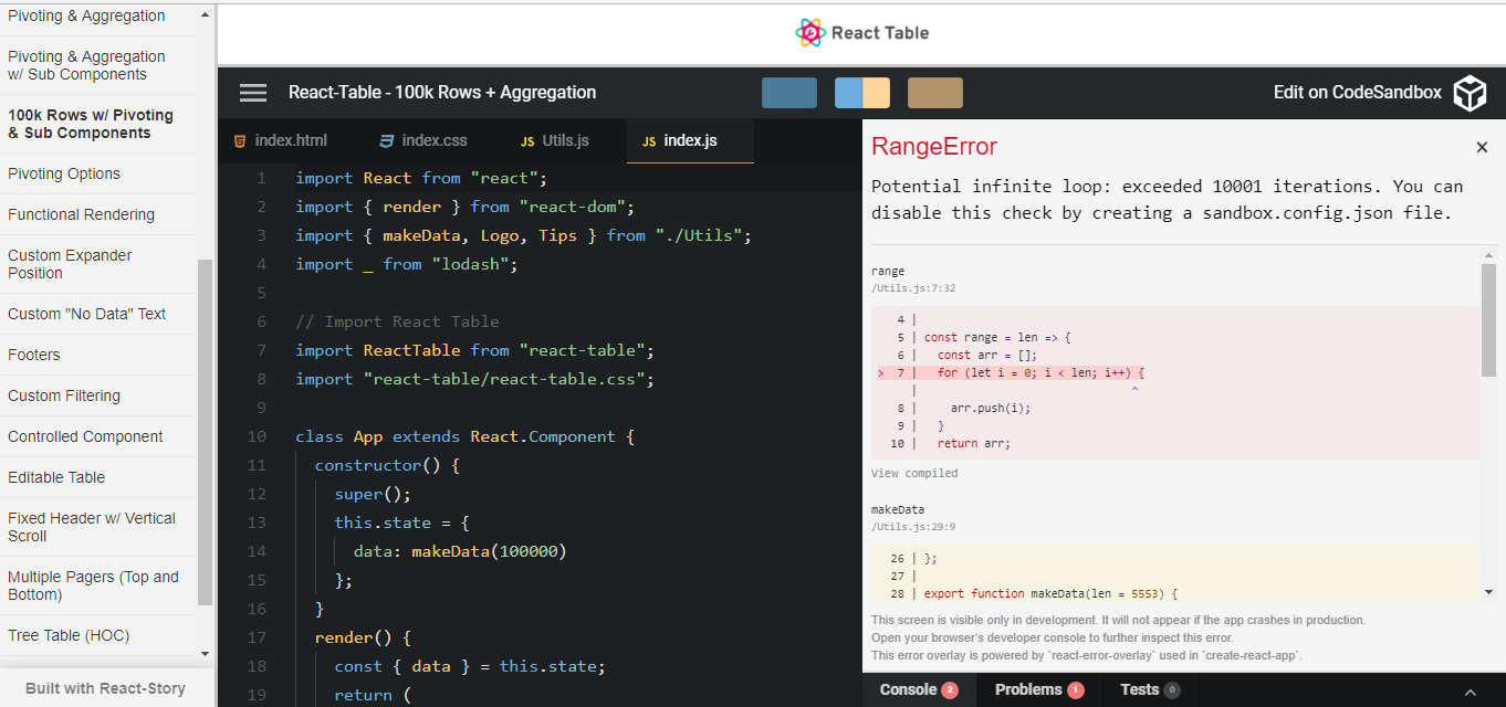 Sandbox exceeded 10001 iterations. · Issue #970 · TanStack/table · GitHub